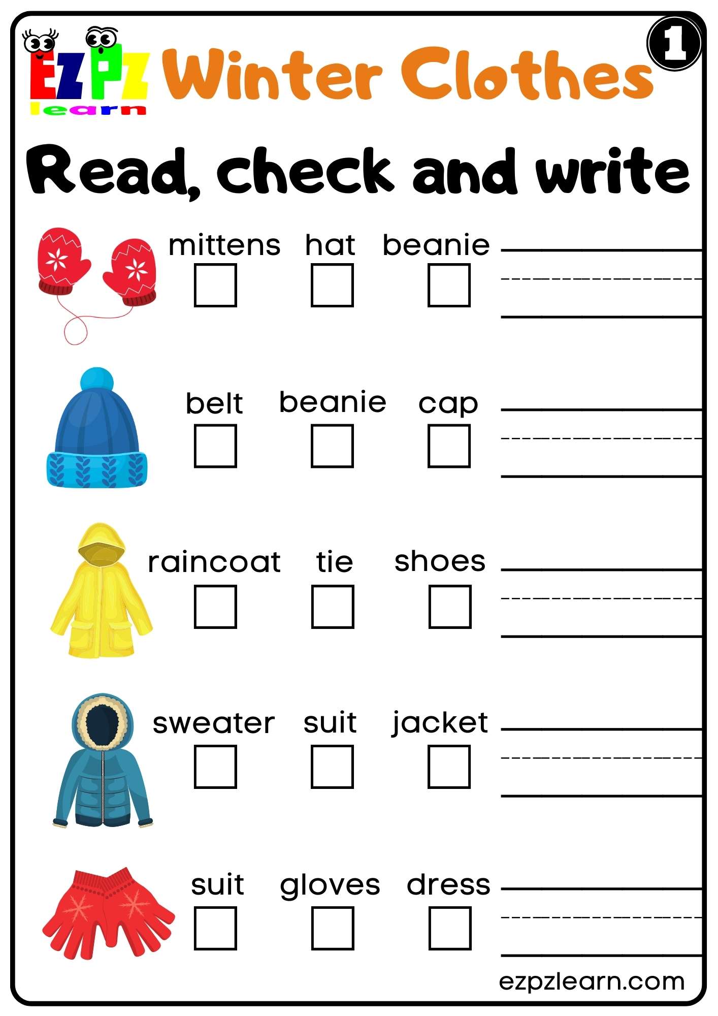 Winter Clothes Read Check And Write Worksheet For K5 And ESL PDF Winter Clothes Read Check And Write Worksheet For K5 And ESL PDF